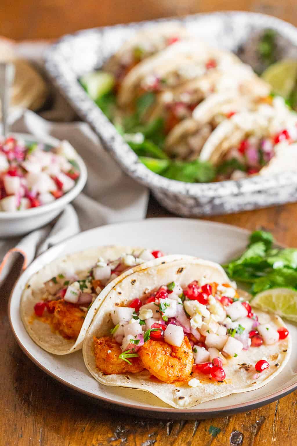 Shrimp Tacos with Apple Pomegranate Salsa - Nutmeg Nanny
