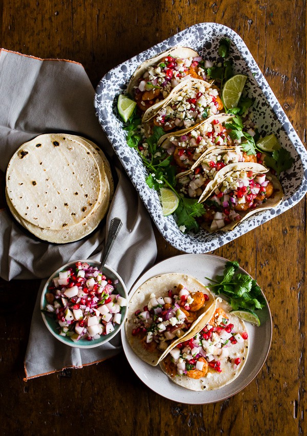 Shrimp Tacos with Apple Pomegranate Salsa - Nutmeg Nanny