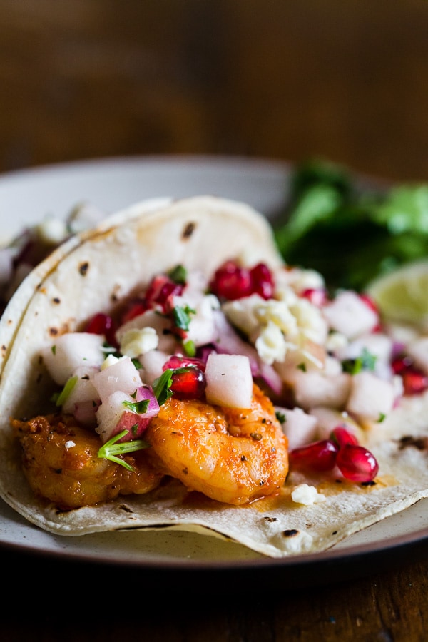 Shrimp Tacos with Apple Pomegranate Salsa - Nutmeg Nanny