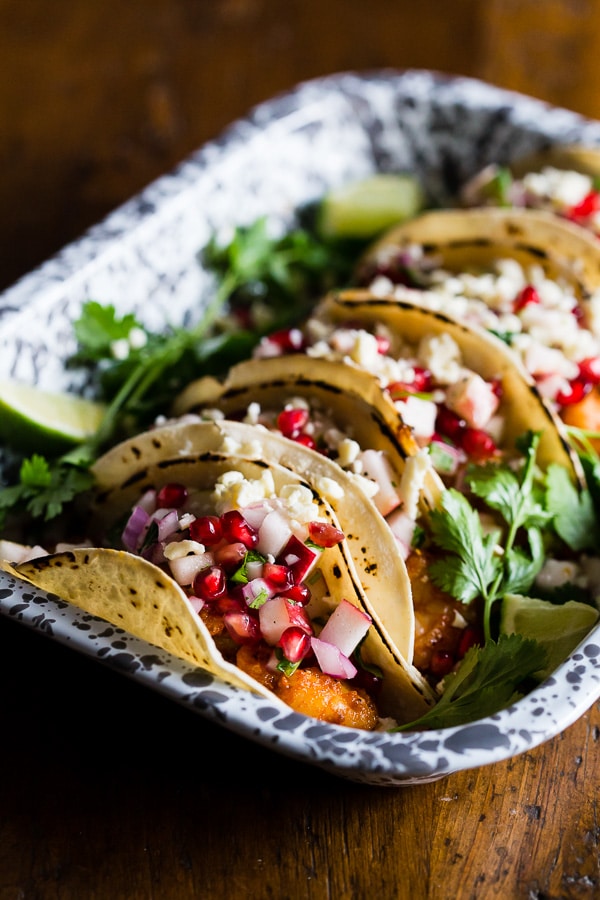 Shrimp Tacos with Apple Pomegranate Salsa - Nutmeg Nanny