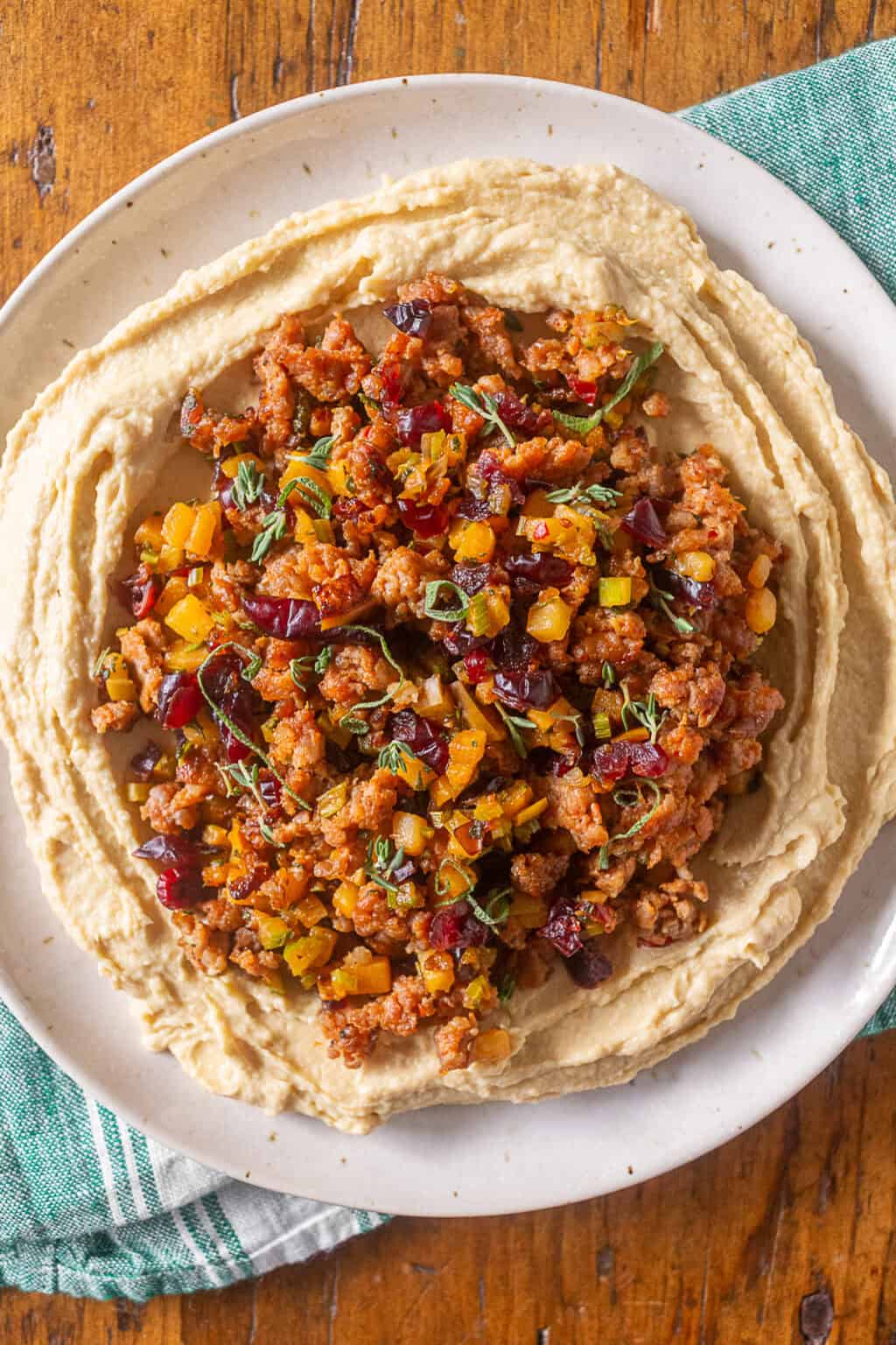 Thanksgiving Stuffing Topped Hummus - a flavorful appetizer!