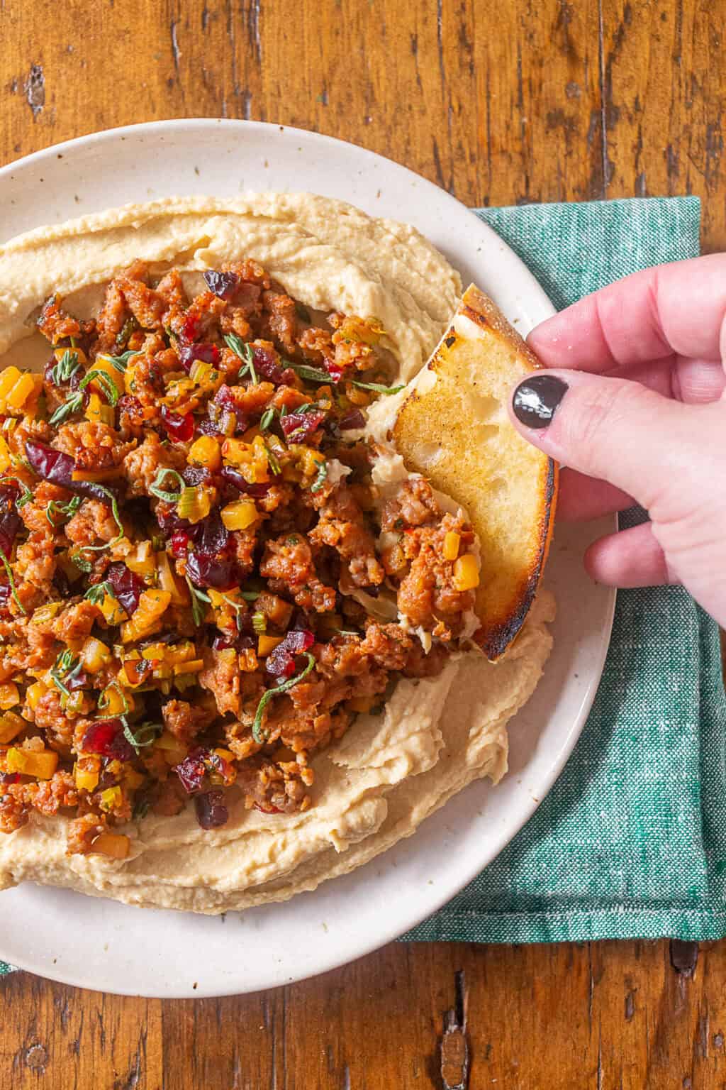 Thanksgiving Stuffing Topped Hummus - a flavorful appetizer!