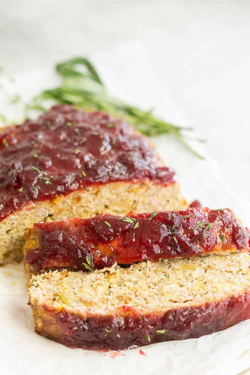 Thanksgiving Turkey Meatloaf - topped with cranberry sauce!