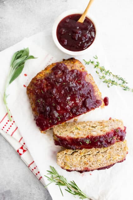 Thanksgiving Turkey Meatloaf - topped with cranberry sauce!
