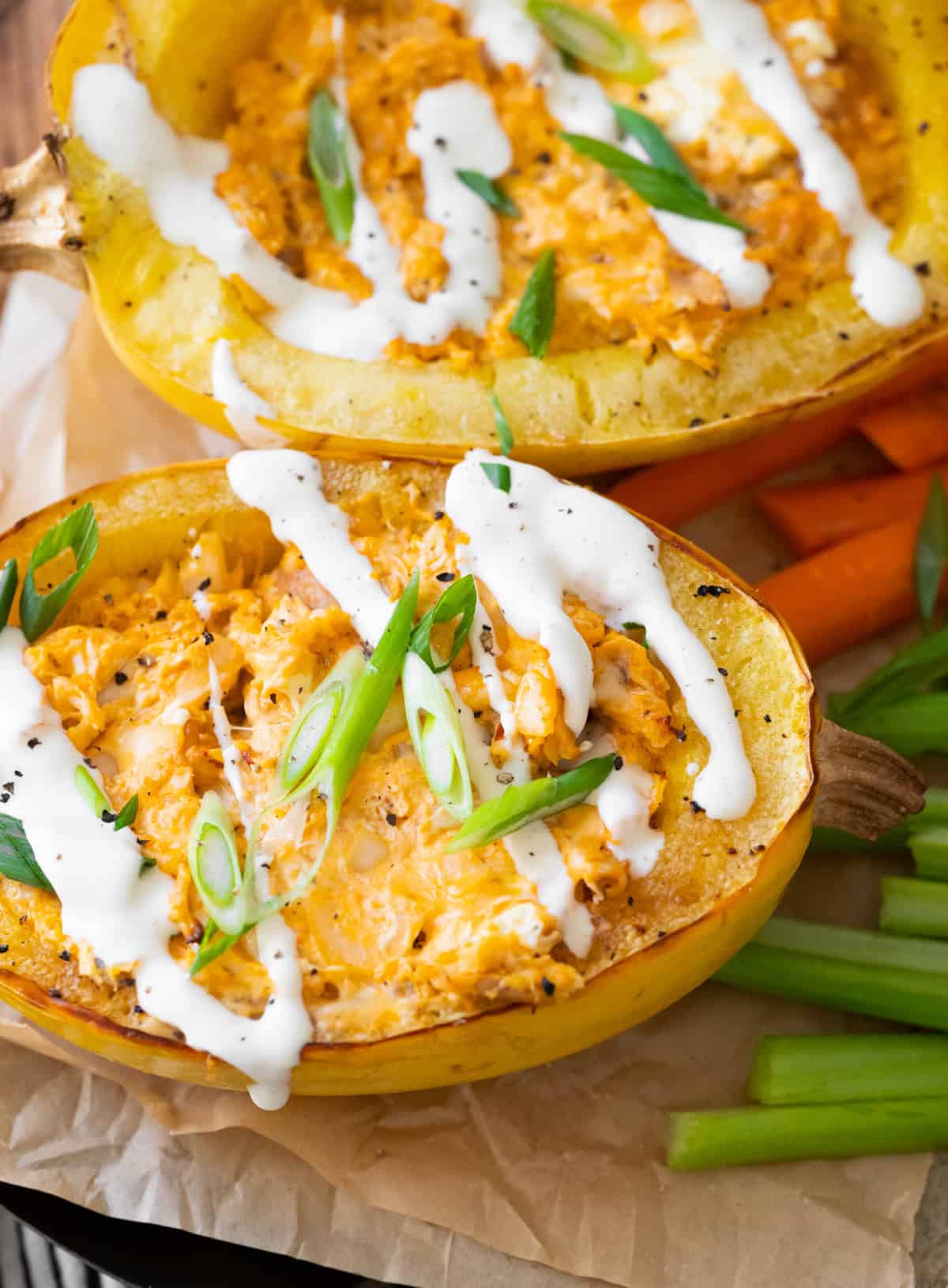 Buffalo Chicken Stuffed Spaghetti Squash - Nutmeg Nanny